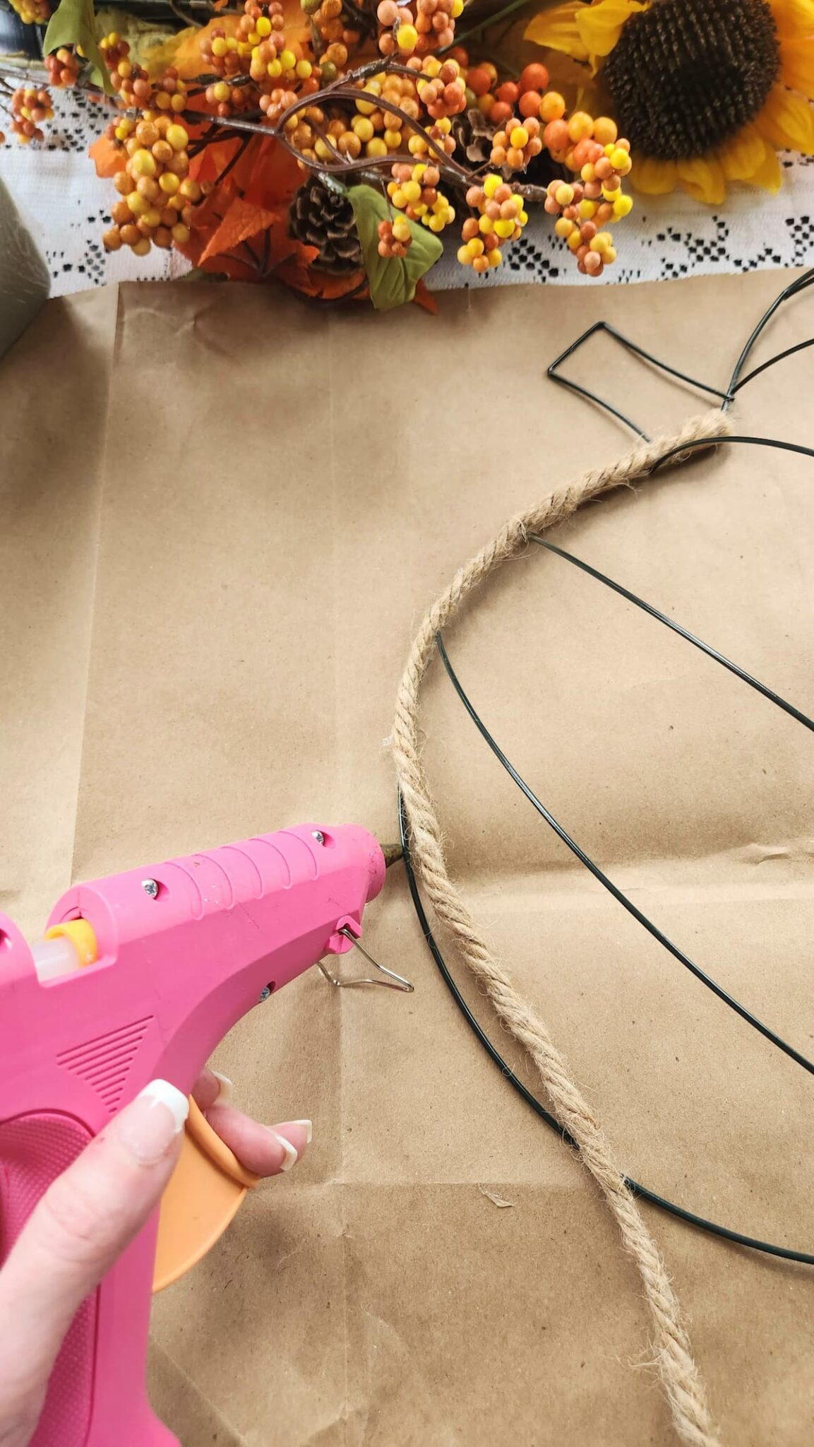 Easy Dollar Tree DIY Wire Pumpkin Wreath Tutorial - Hen and Horse Design